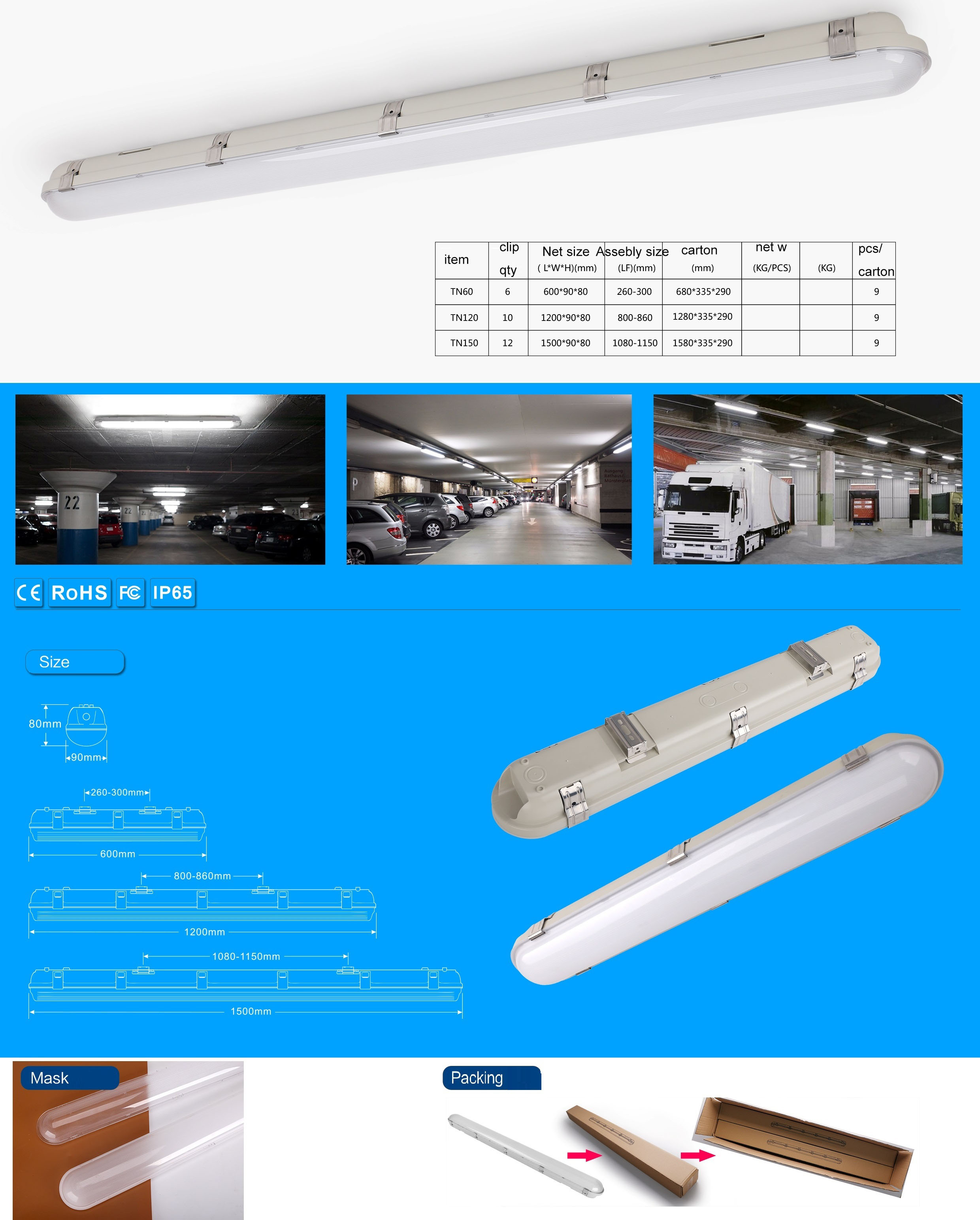 single tube tri-proof light, narrow size weather proof light